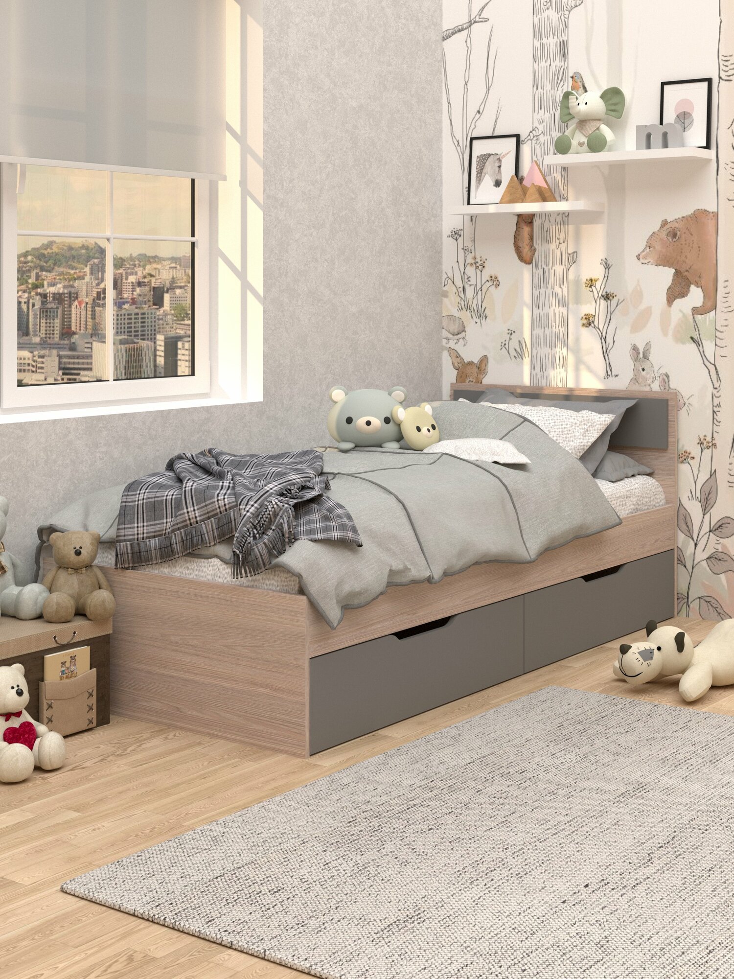 Есэндвич Монако Кровать 90х200 односпальная 203х78х93 см (Анкор светлый/Вулканический серый) с ящиками