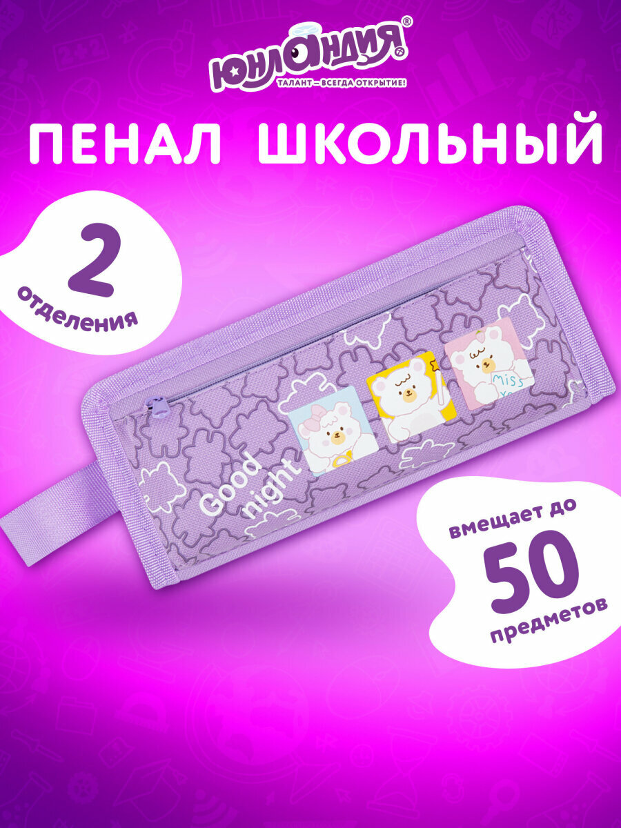 Пенал школьный для девочек, с 2 отделениями, канцелярия для школы, полиэстер, 21х8х6 см, Юнландия, 273815