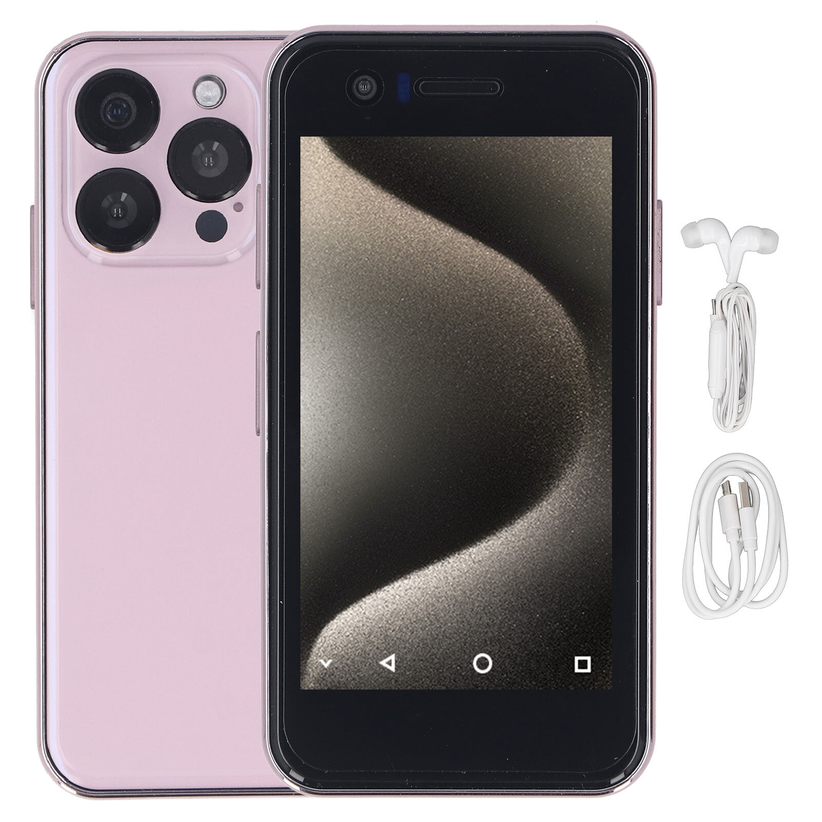 3,5-дюймовый смартфон, две SIM-карты в режиме ожидания, 4 ГБ оперативной памяти, 64 ГБ встроенной памяти, аккумулятор 2000 мАч, камеры 5 МП, 8 МП, разблокировка по лицу, небольшой сенсорный экран, Android 10, Roseate