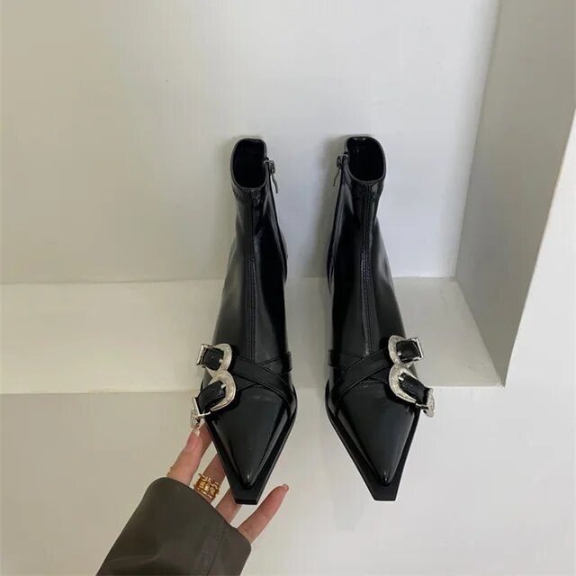 MOOCIE Дизайнерские женские ботильоны с острым носком, модные короткие ботильоны на толстом каблуке, осенне-зимняя женская обувь