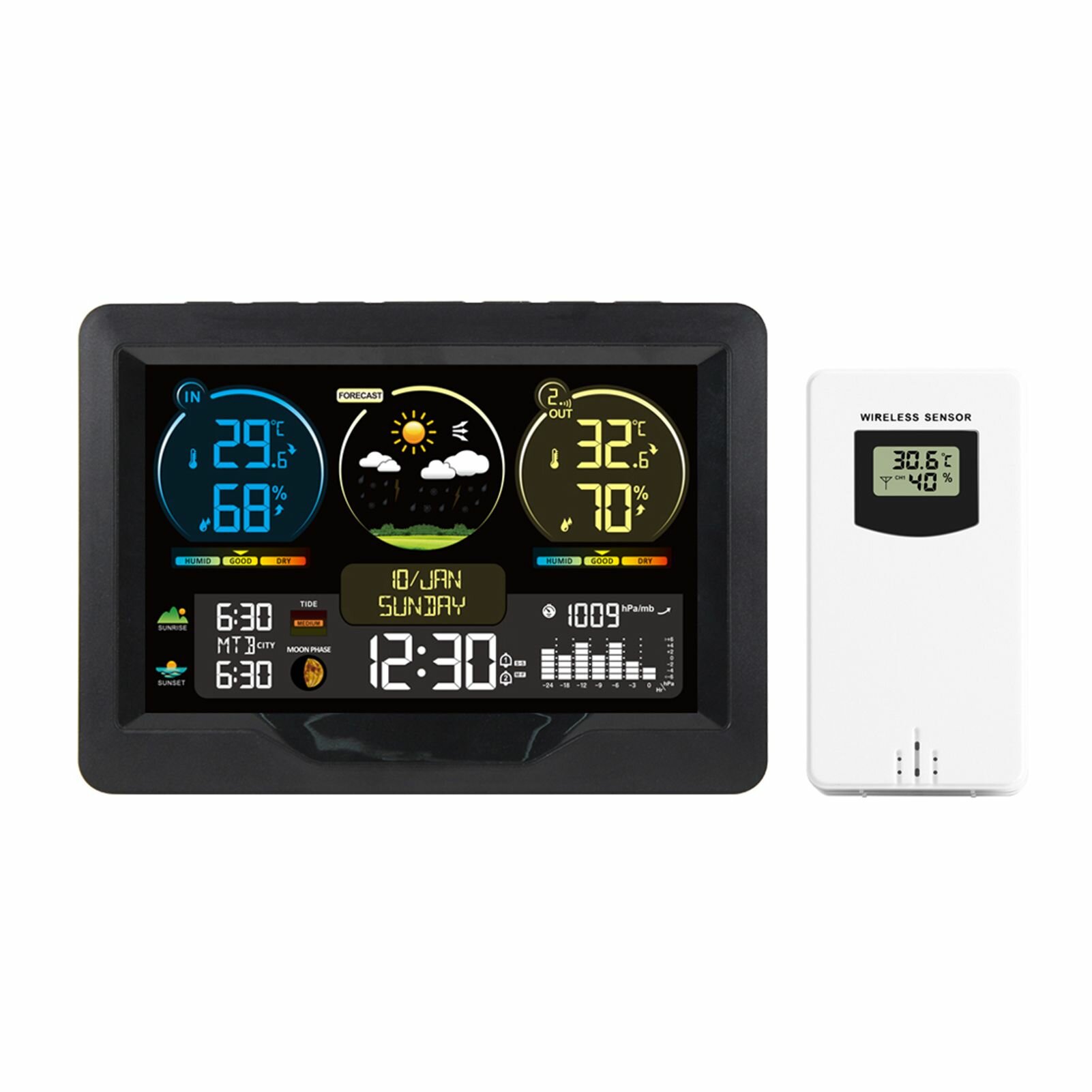Черный, температура и влажность, с 1 датчиком, Погодная станция с цветным дисплеем, без батареи, прогноз погоды,