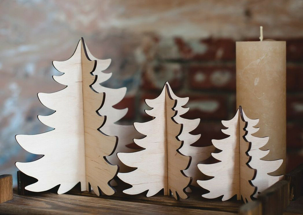 Набор новогодних деревянных фигурок Ель, 3 штуки, цвет бежевый