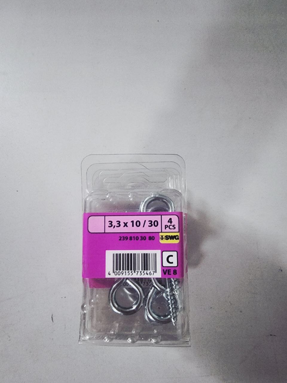 Шуруп крюк кольцо крепежный 3,3*10/30 (4 шт-1уп*7 упк ) SWG, Германия