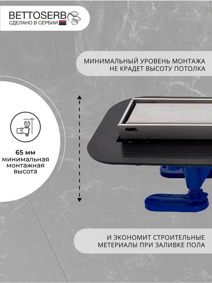 Трап BETTOSERB "Premium" 950 мм, нержавеющая сталь, комбинированный гидрозатвор, регулируемая по высоте дизайн вставка — фото 1