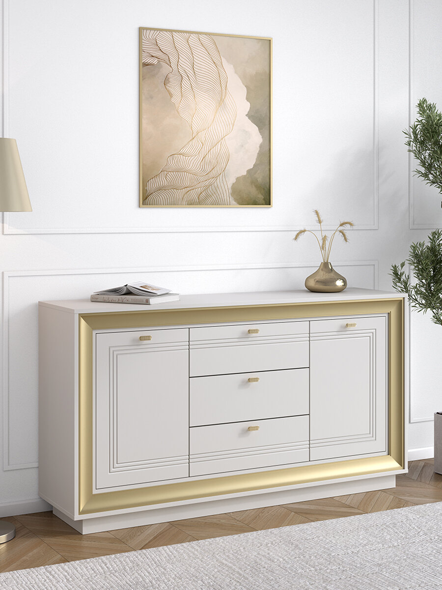 Комод большой Кураж Прато с ящиками и дверками, 153,8х42,6х84,8 бежевый, золото