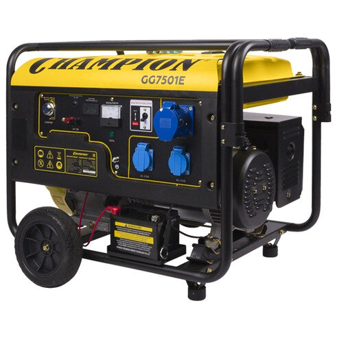 Бензогенератор CHAMPION GG7501E Максимальная мощность - 6,5 кВт Номинальная мощность - 6 кВт Выходное напряжение - 220 В