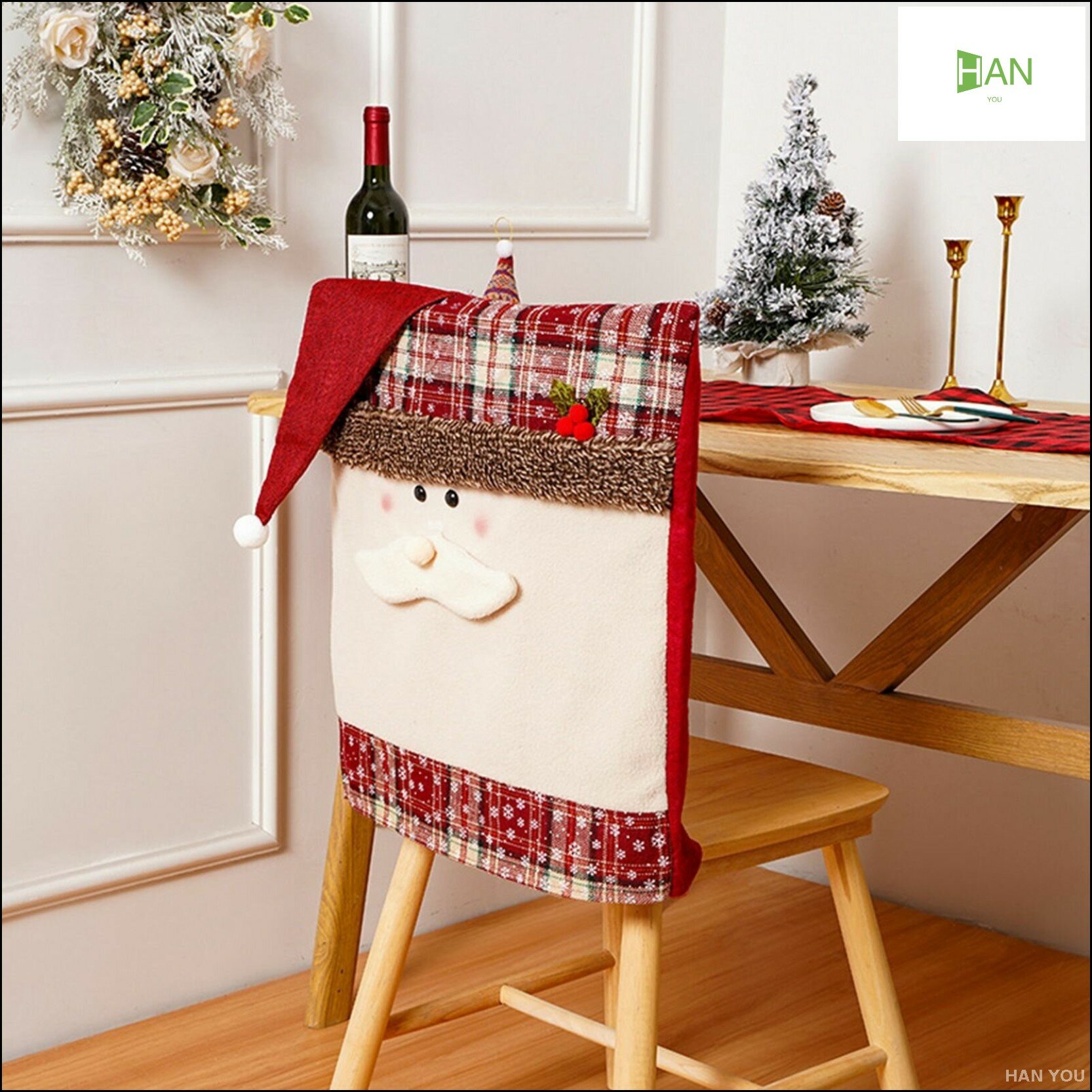 Эксклюзивный чехол для стула 50x50 см с новогодним принтом оленя и куклы для домашнего декора