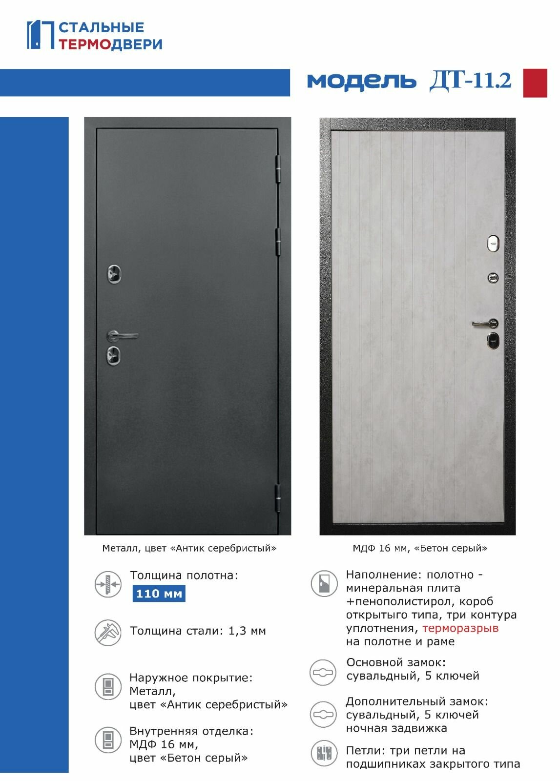 Входная Дверь Комфорт ДТ-11.2 металл/панель с Терморазрывом 860х2050 Правая наружу