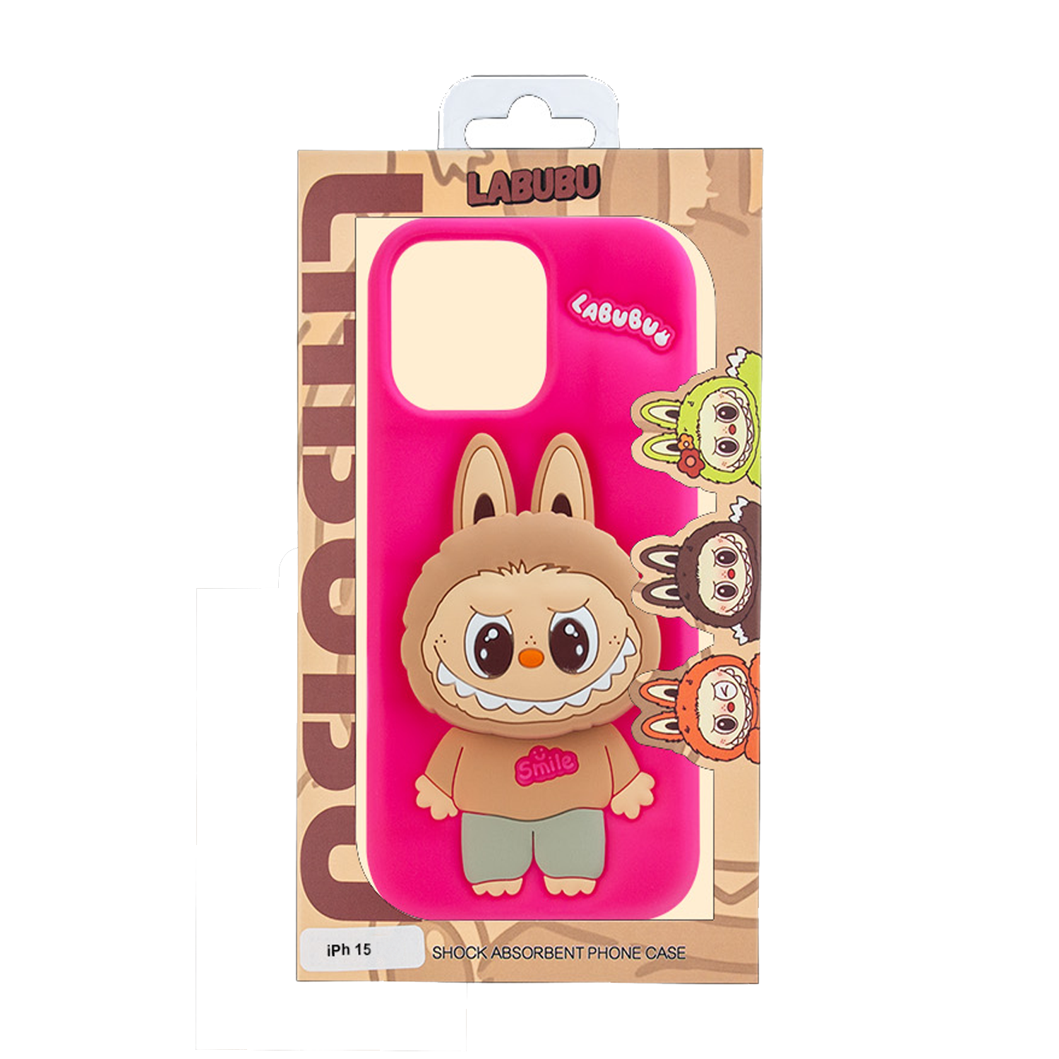 Чехол для Apple iPhone 15 Labubu Silicone Case, Лабубу, встроенная подставка попсокет, розовый