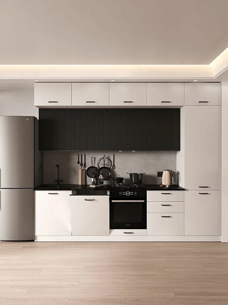 Кухонный гарнитур(кухня) Аврора 3.0 Вертикаль прямая МДФ 3м Графит софт/Белый софт со столешницей 2,4м Скала