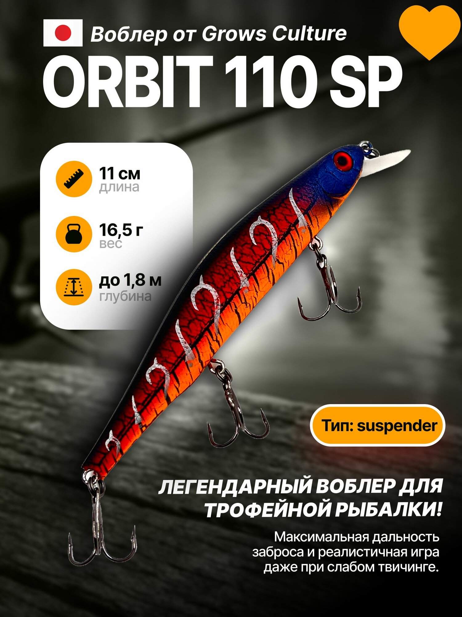 Воблер минноу на щуку и судака Orbit 110 SP Grows Culture. 11см, 16.5гр, 0.81.8м. Суспендер для твичинга. 7231