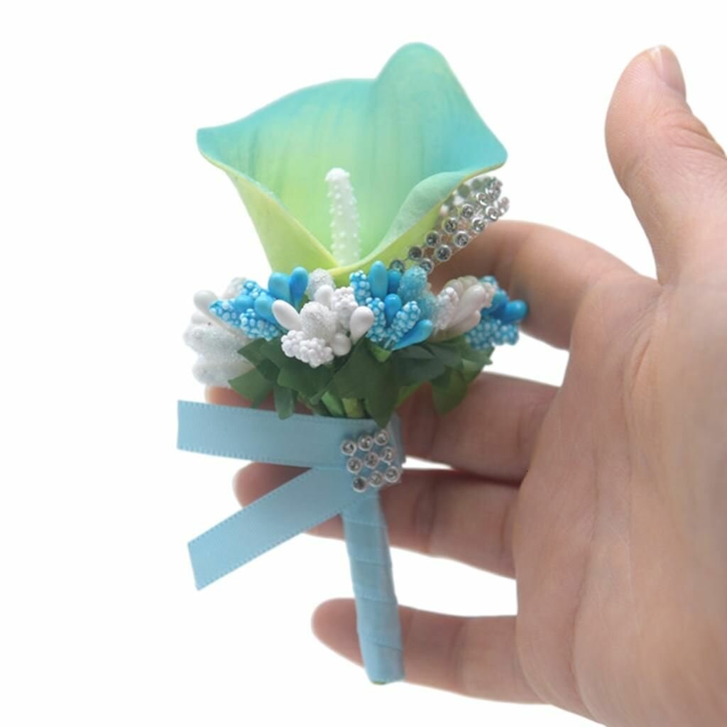 4шт, корсаж из свадебных цветов каллы, украшенный бисером-синий