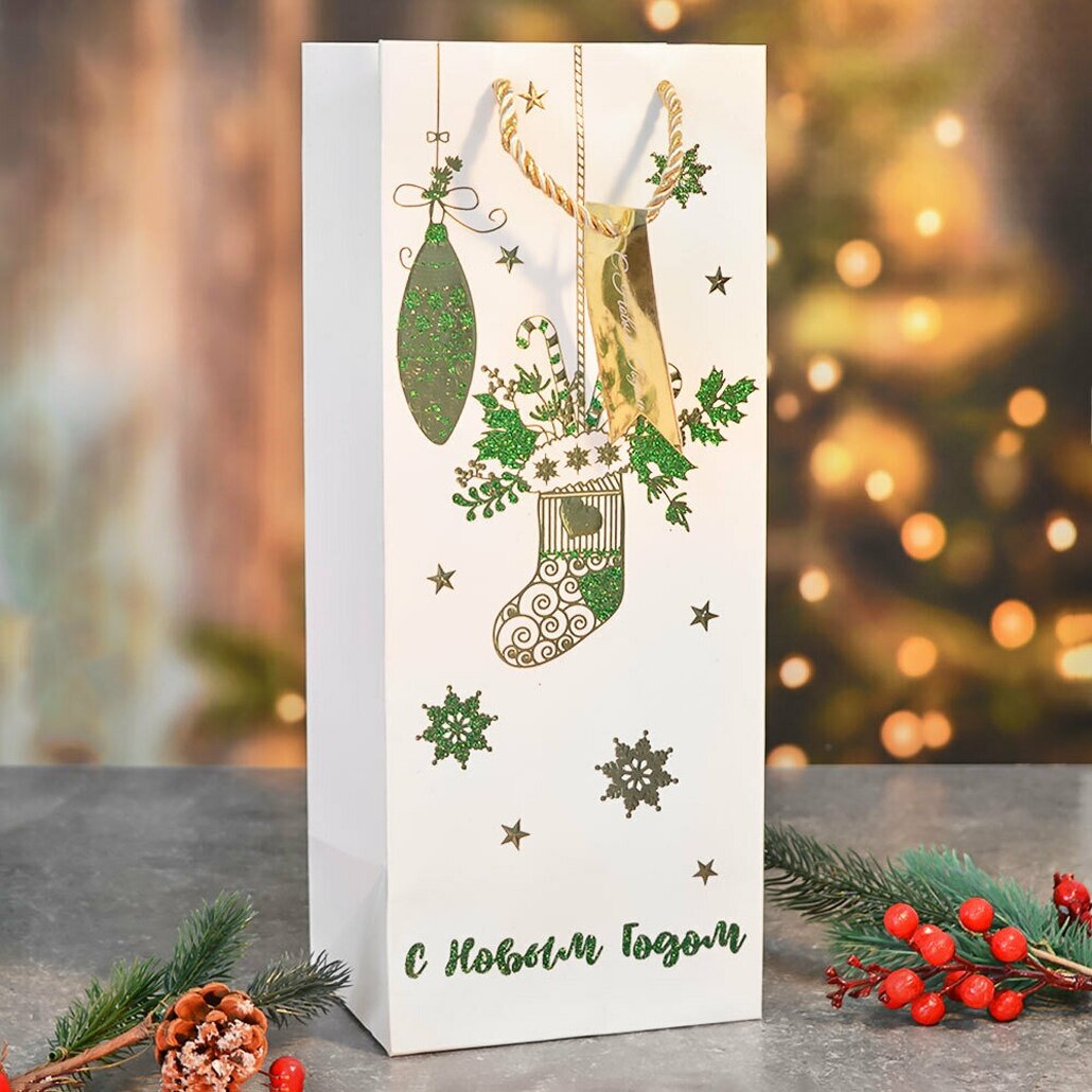 Пакет бумажный 14x35x11см с ручками, серия "Новый год", цвета в ассортименте