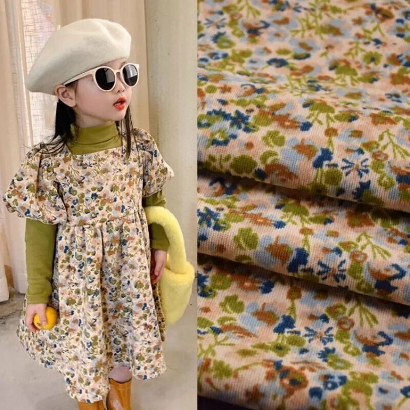 Вельвет ткань для шитья в рубчик, рукоделия, творчества, отрез 100*145 см, сине-зелёный соцветие на бежевом