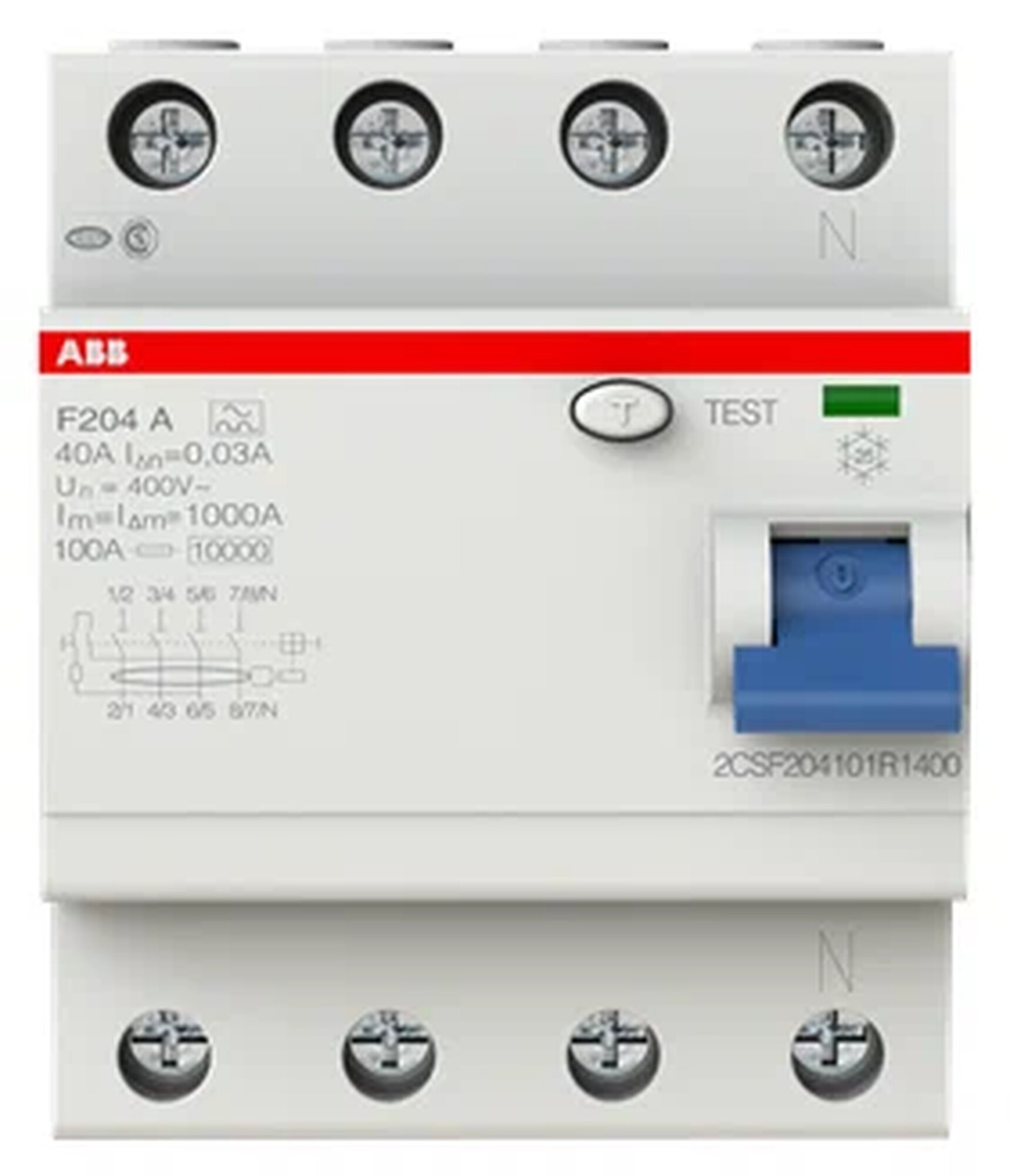 УЗО ABB F204, 30 мА, тип A, 4 полюса, 40 А, 25 м2, на DIN-рейку