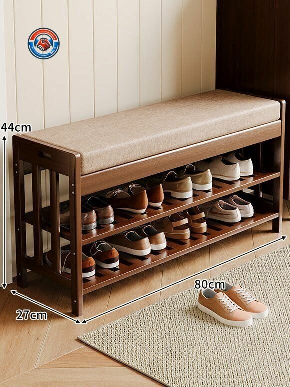Бамбуковая обувница-скамья 80 см, трёхъярусная, с мягкой подушкой и льняным чехлом, экологичная мебель для прихожей, удобная скамья для переобувания и компактное хранение обуви