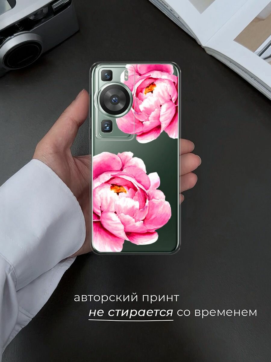 Чехол на Huawei P60/P60 Pro / Хуавей P60/P60 Про с принтом "Open peonies", прозрачный — фото 1