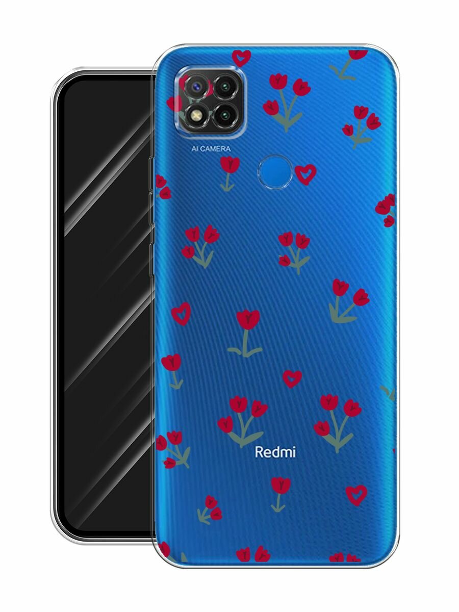 Чехол на Xiaomi Redmi 9C / Сяоми Редми 9C с принтом "Красные тюльпанчики", прозрачный — фото 1