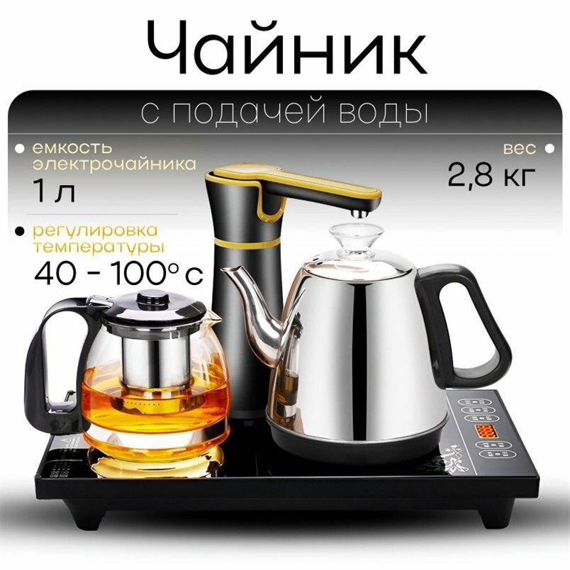 Электрический чайник 1 л черный с регулировкой температуры и автоматическим отключением при перегреве
