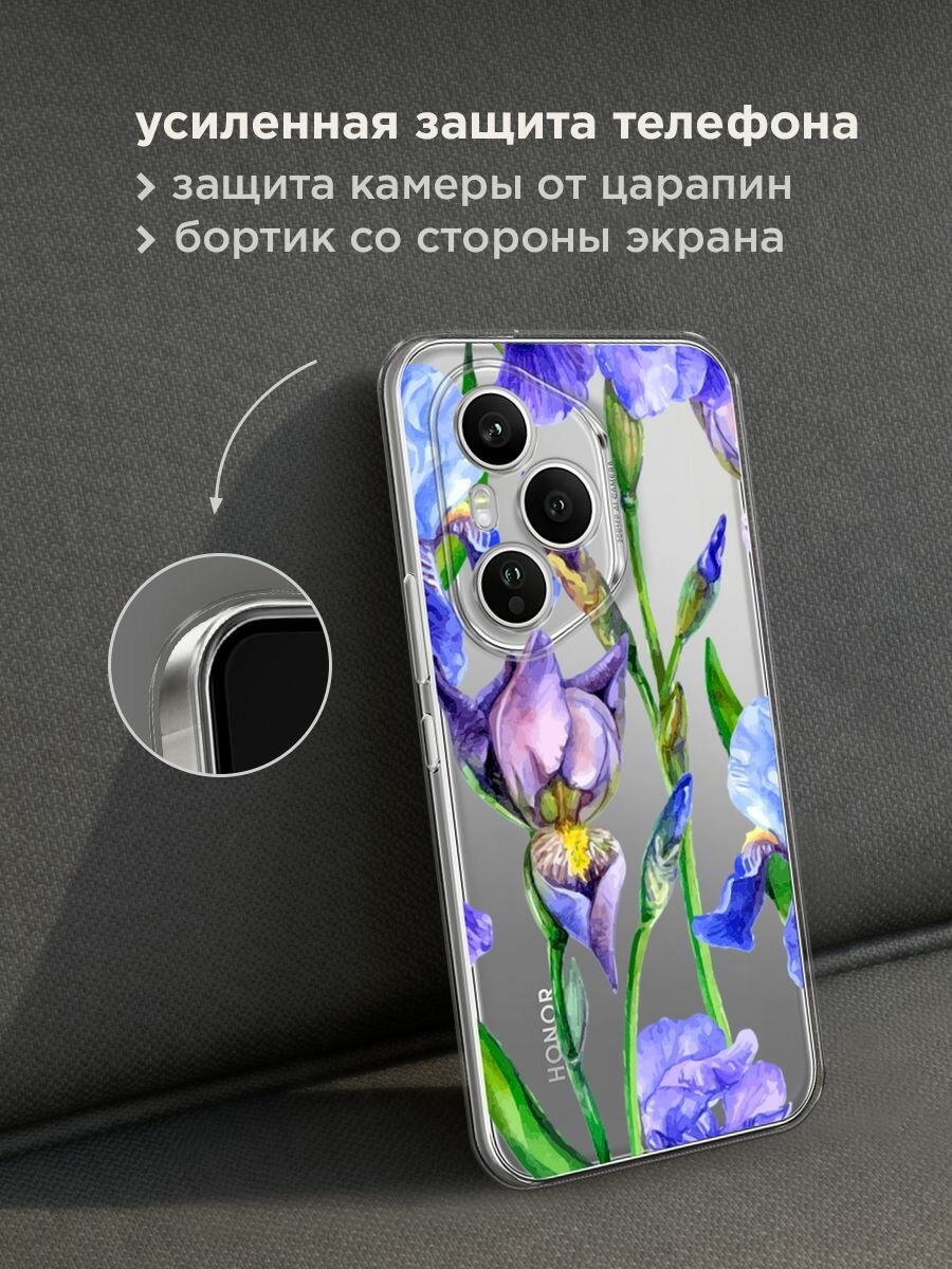 Чехол на Honor 400 Pro / Хонор 400 Про с принтом "Синие ирисы", прозрачный — фото 1
