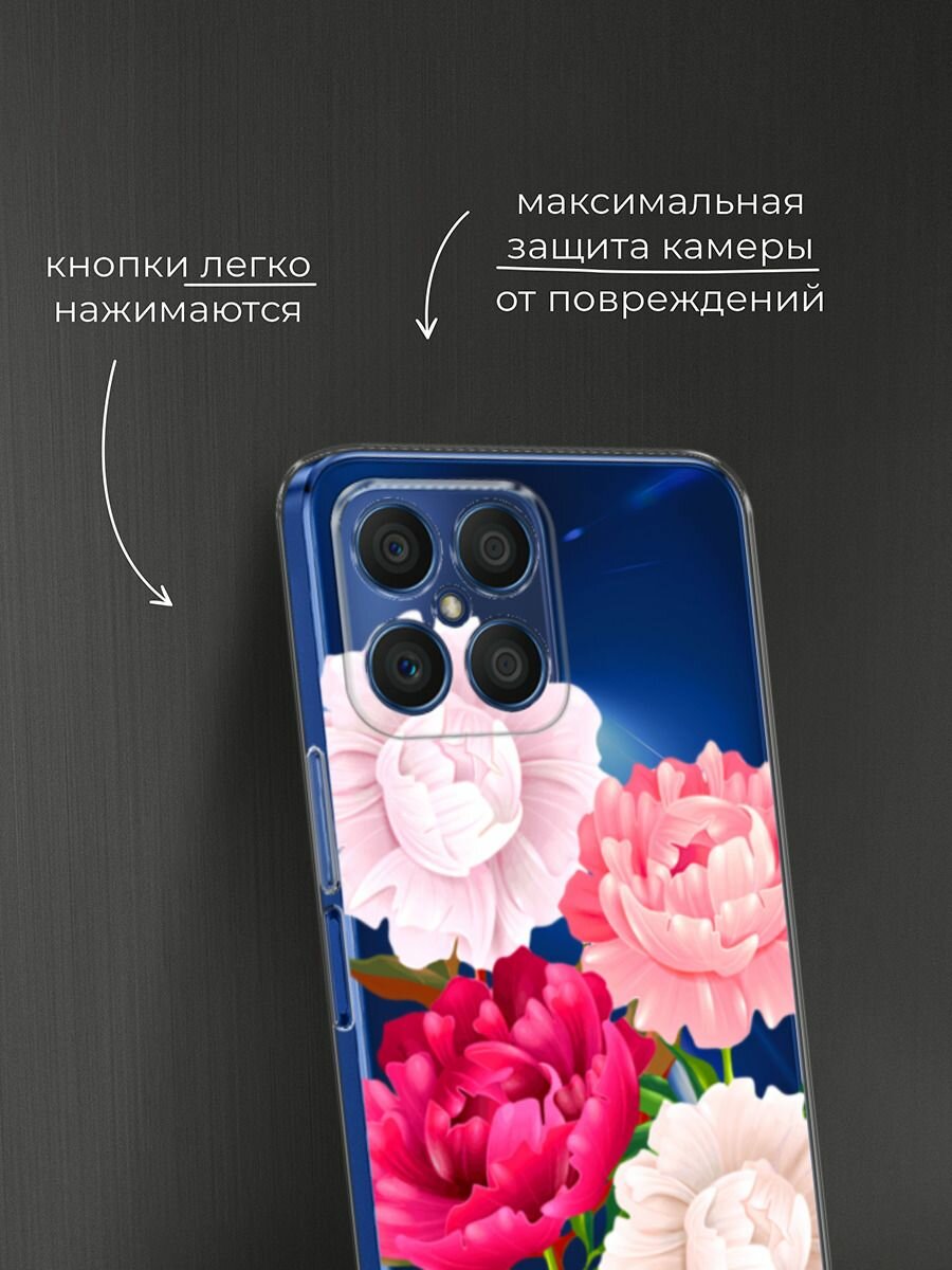 Чехол на Honor X8 / Хуавей X8 с принтом "Большие пионы", прозрачный — фото 1