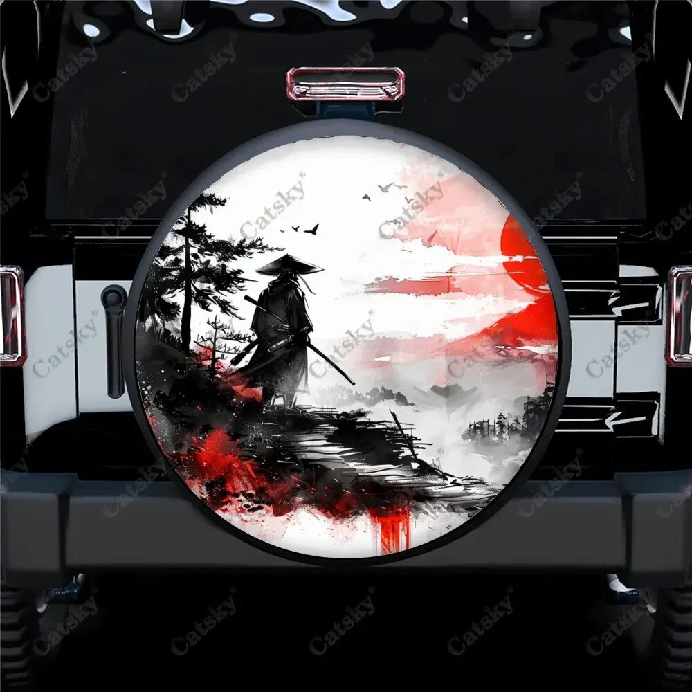 Японский пейзаж самурай, универсальный автомобильный чехол для запасного колеса, автоаксессуары, защита колес для прицепа, внедорожника, грузовика, кемпера 14-17 дюймов Samurai-20241012-02, 14 inch