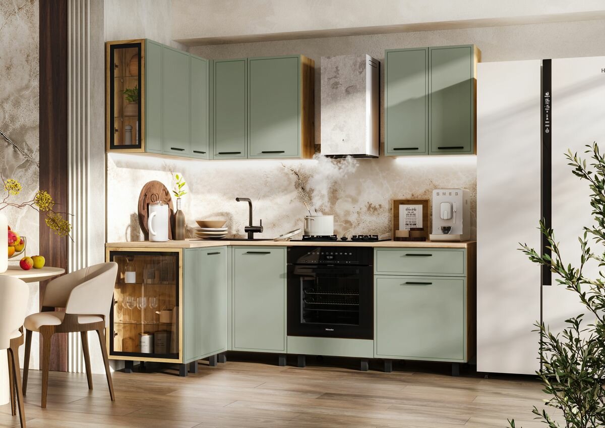 Кухонный гарнитур 1,2х2,2м Бьянка олива/дуб крафт со столешницей, МИФ