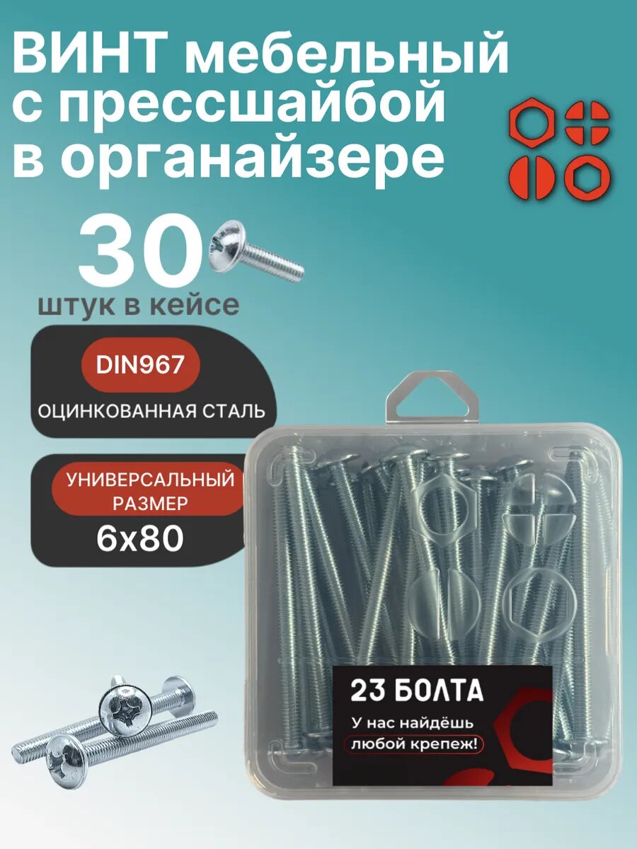 Винт с прессшайбой 6х80 DIN967 в органайзере, 30 шт