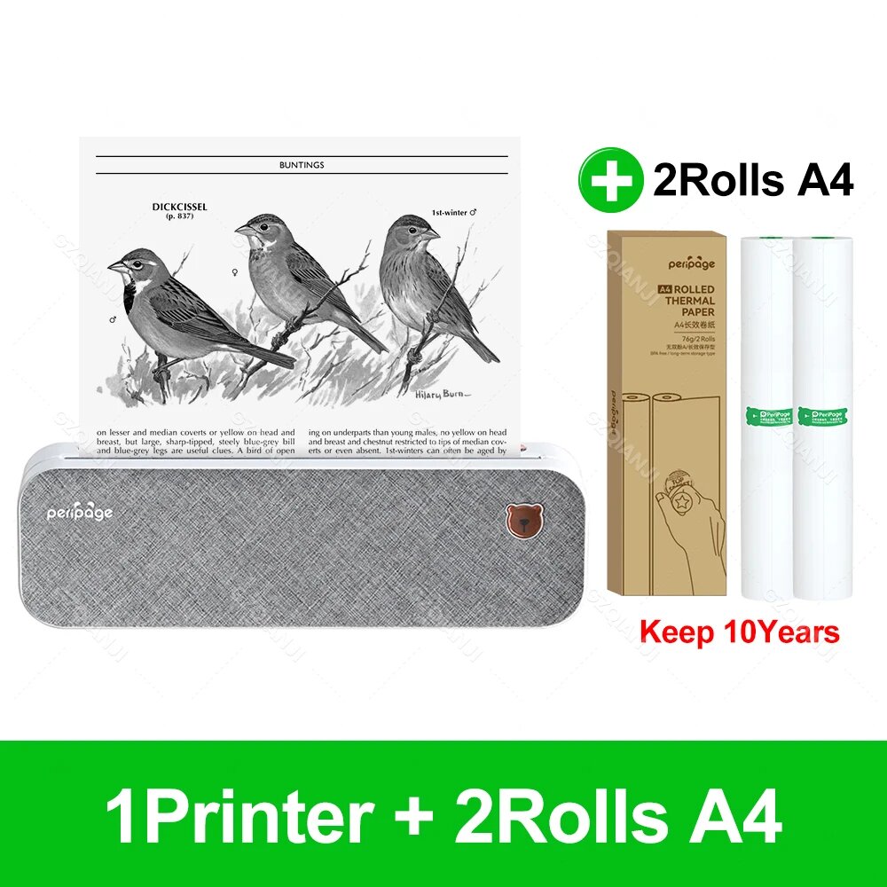 Термальный принтер GZQIANJI PeriPage A4 Gray Add 2Rolls