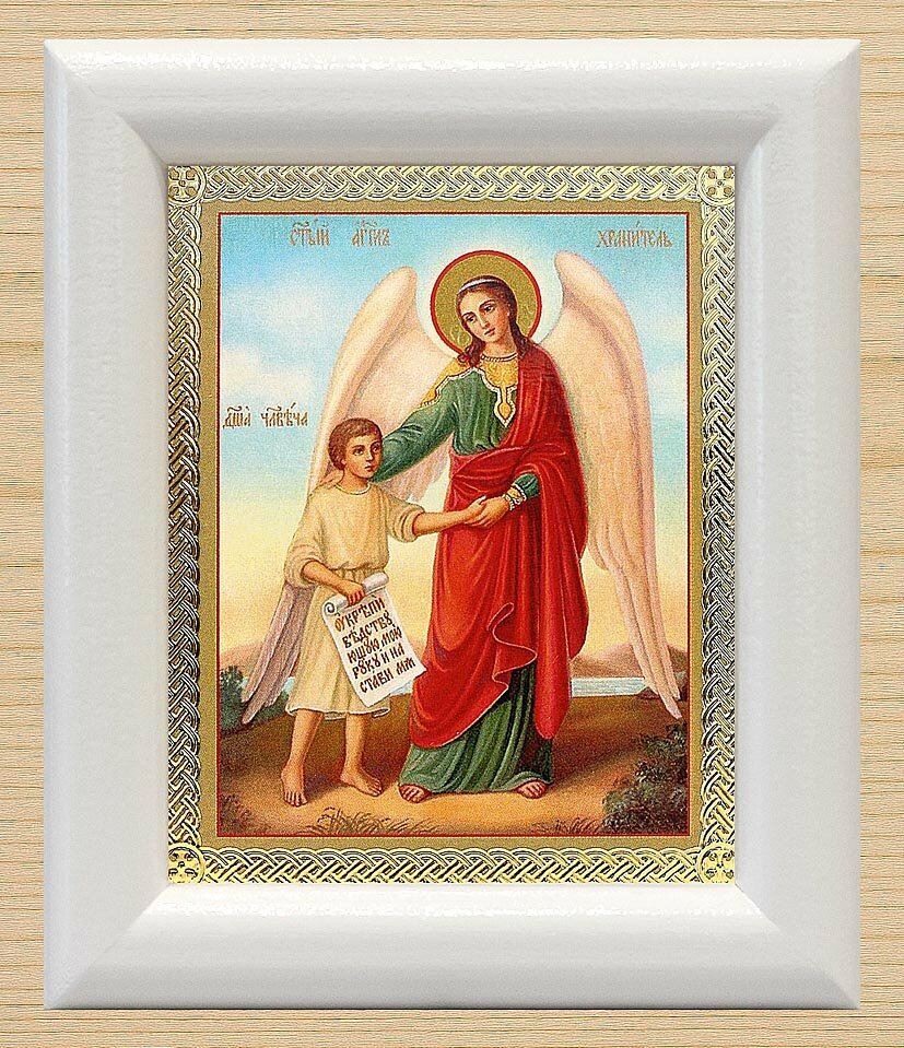 Ангел Хранитель (лик № 103), икона в белой деревянной рамке 8*9,5 см