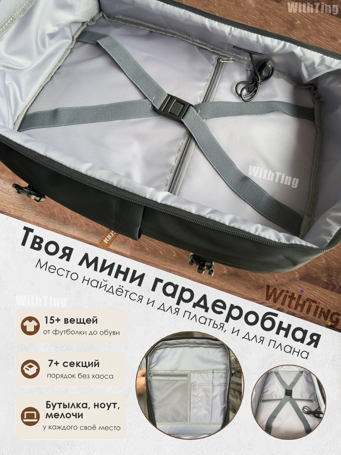 Рюкзак Ручная кладь, 30×20×46 см, 30 л, 10 кг, складной, чёрный, с антиподделочной меткой, для путешествий/города — фото 1