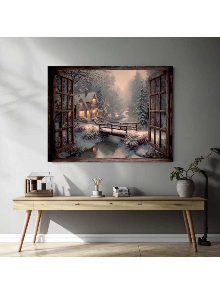Картина на холсте с подрамником Вид из окна, зимняя сказка, 22*32 см