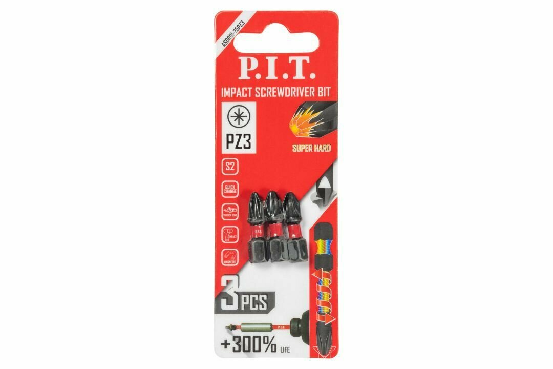 Биты P.I.T. ударные PZ3x25 мм, 3 шт, из высокопрочной легированной стали