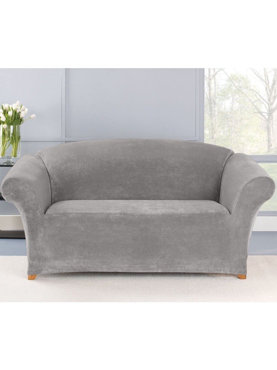 Чехол на двухместный диван Бруклин светло-серый, стрейчевый велюр, Виктория Хоум Декор