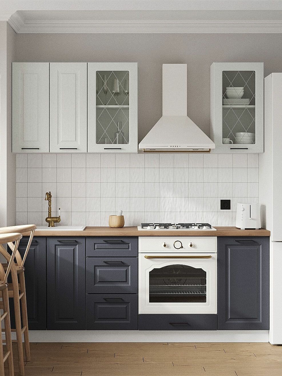 Кухонный гарнитур Шервуд 2 м, мебель для дома и кухни, Белый / Арктик со стеклом / Шато индиго