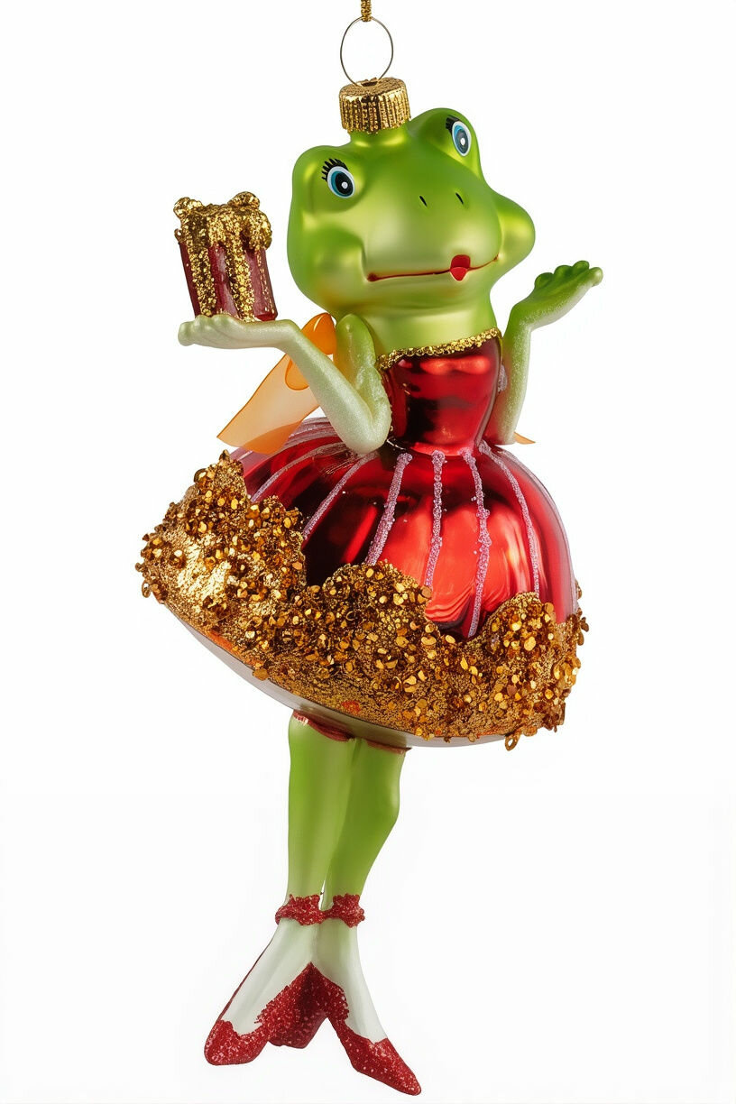 Ёлочная игрушка квакушка С подарочком, стекло, 15 см, Winter Deco 5010019