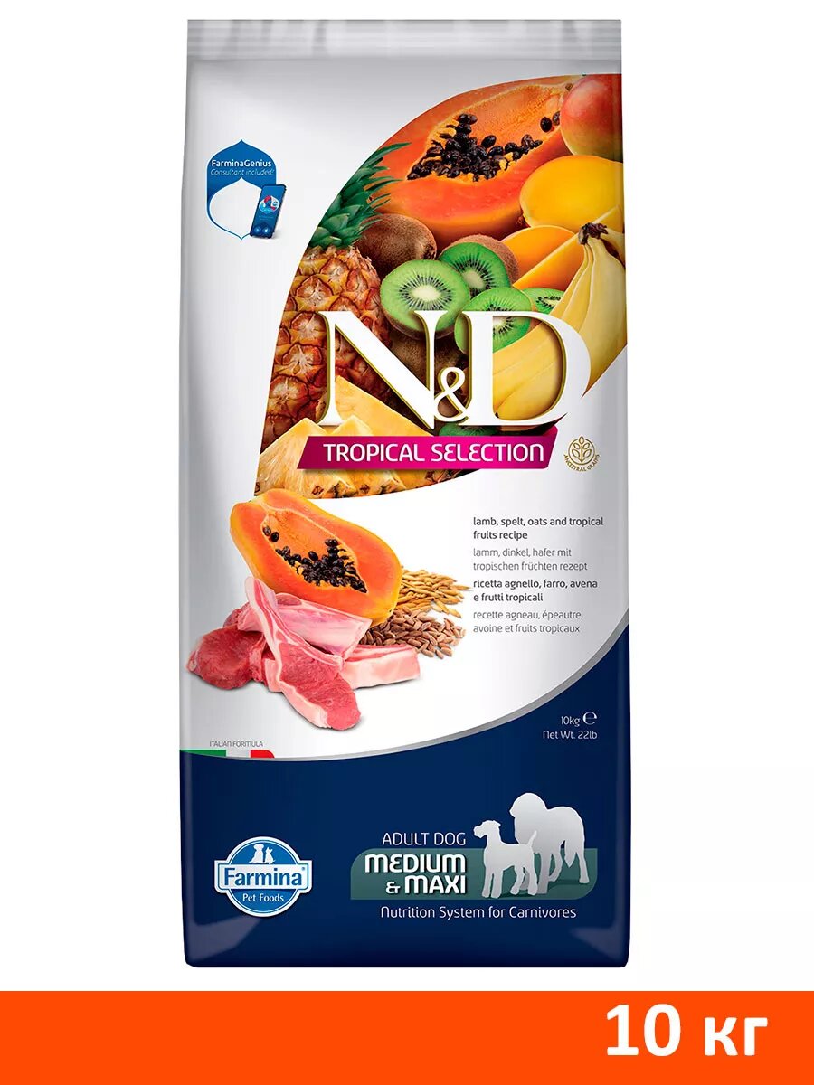 Корм сухой Farmina Dog N&D Tropical Selection Adult Medium & Maxi Lamb для средних и крупных собак ягненок, 10 кг