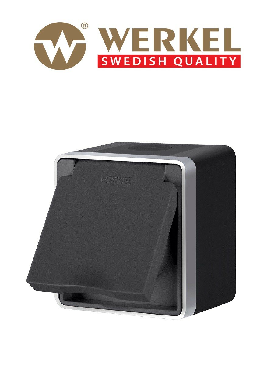 Розетка накладная влагозащищенная с заземлением с защитной крышкой и шторками Werkel Gallant W5071234, черный с серебром