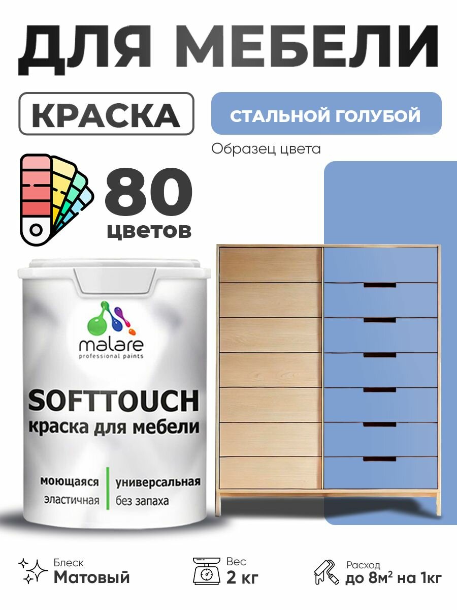 Акриловая краска для мебели Malare SoftTouch для кухонных фасадов для дерева и МДФ, моющаяся быстросохнущая, матовая, стальной голубой, 2 кг.