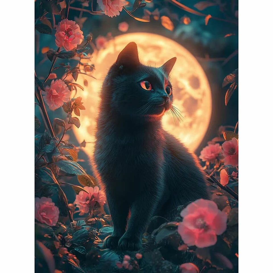 Набор для самостоятельной вышивки алмазами 5DКошачья полнолуние - круглая алмазная мозаика размером 40x50 см для украшения стен дома,40X50CM, белый