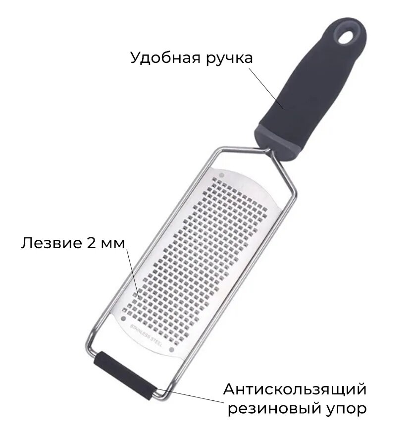 Многофункциональная черная ручная терка с защитным чехлом для цедры, овощей, сыра, шоколада, орехов / Универсальная терка из нержавеющей стали с ручкой / Кухонный измельчитель
