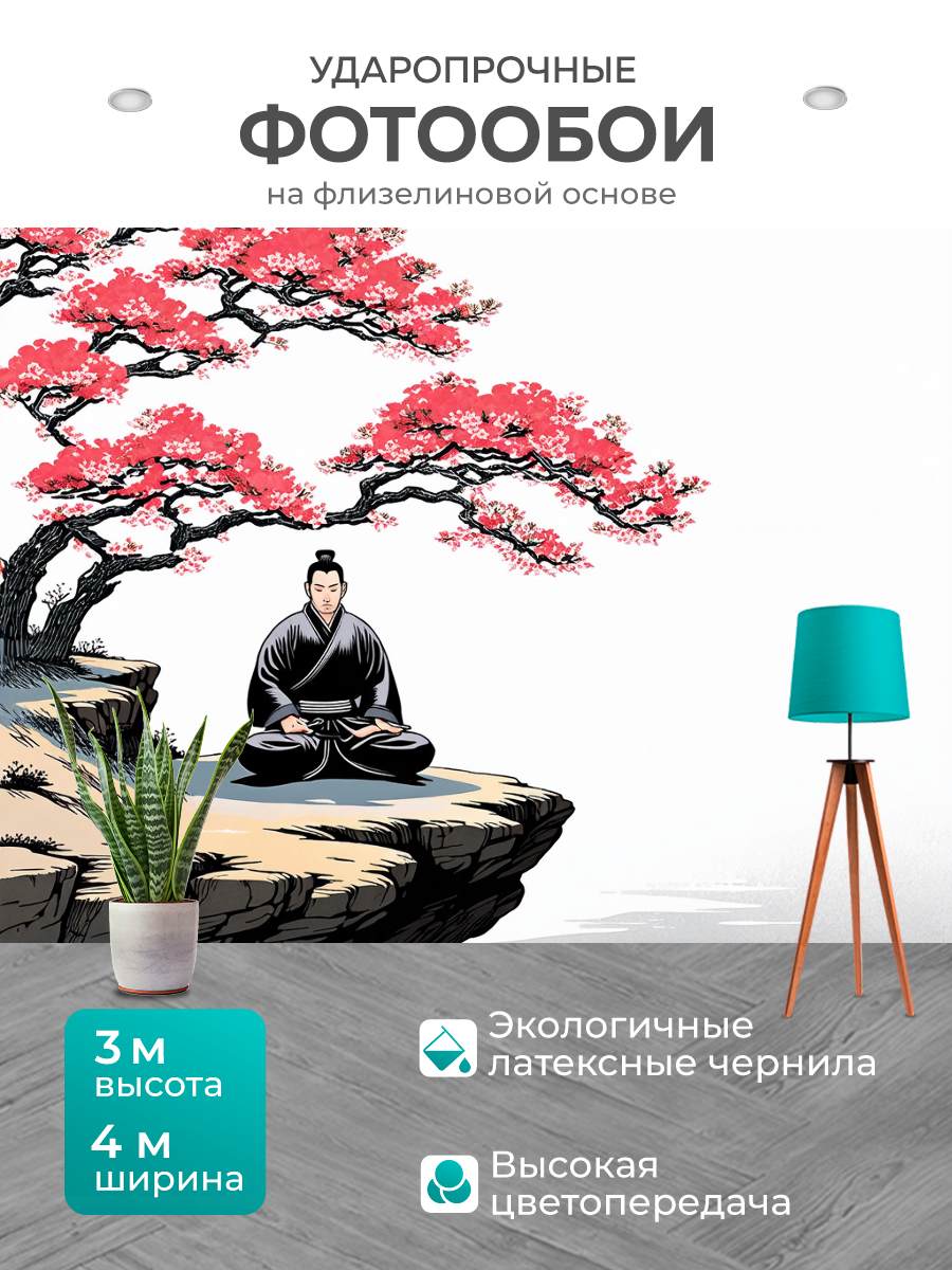 Фотообои моющиеся ударопрочные "Изображение самурая, медитирующего на краю утеса с цветущими деревьями, выполненное в стиле японской живописи с." 400x300 см. флизелиновые на стену