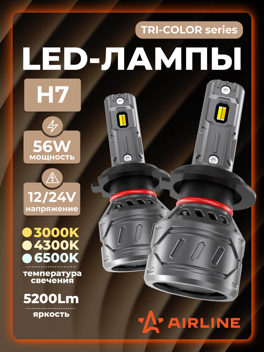 Лампа светодиодная H7 TRI-COLOR, 28Вт, 5000Лм (2500Лм x 2), 3000/4300/6500K (Белый/Желтый), 12/24В, комплект 2 шт. МП-серия AEAR281 AIRLINE