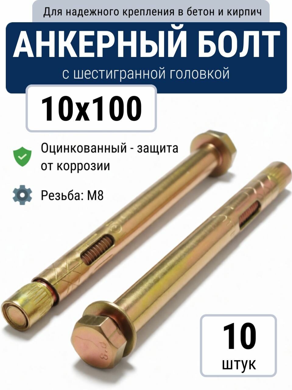 Анкерный болт 10x100 с шестигранной головкой, оцинкованный (10 шт) крепёж метизы анкерный крепёж