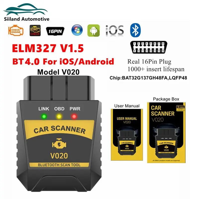 V020 elm327 v1.5 obd2 сканер поддержка Bluetooth 4 для ios/android/ПК elm 327 считыватель кодов чистый ошибок двигатель инструмент диагностики автомобиля