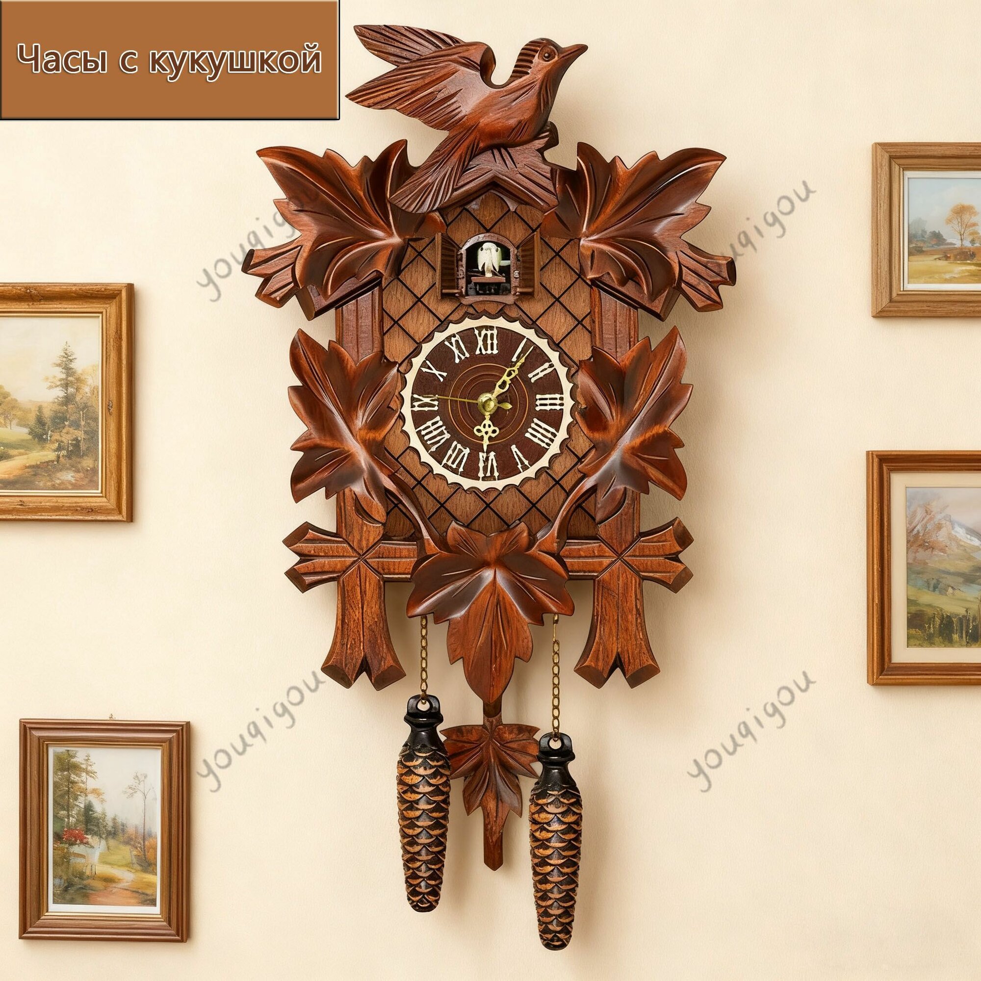 Настенные часы "деревянные, со звуком кукушки по расписанию", 50 см х 25 см