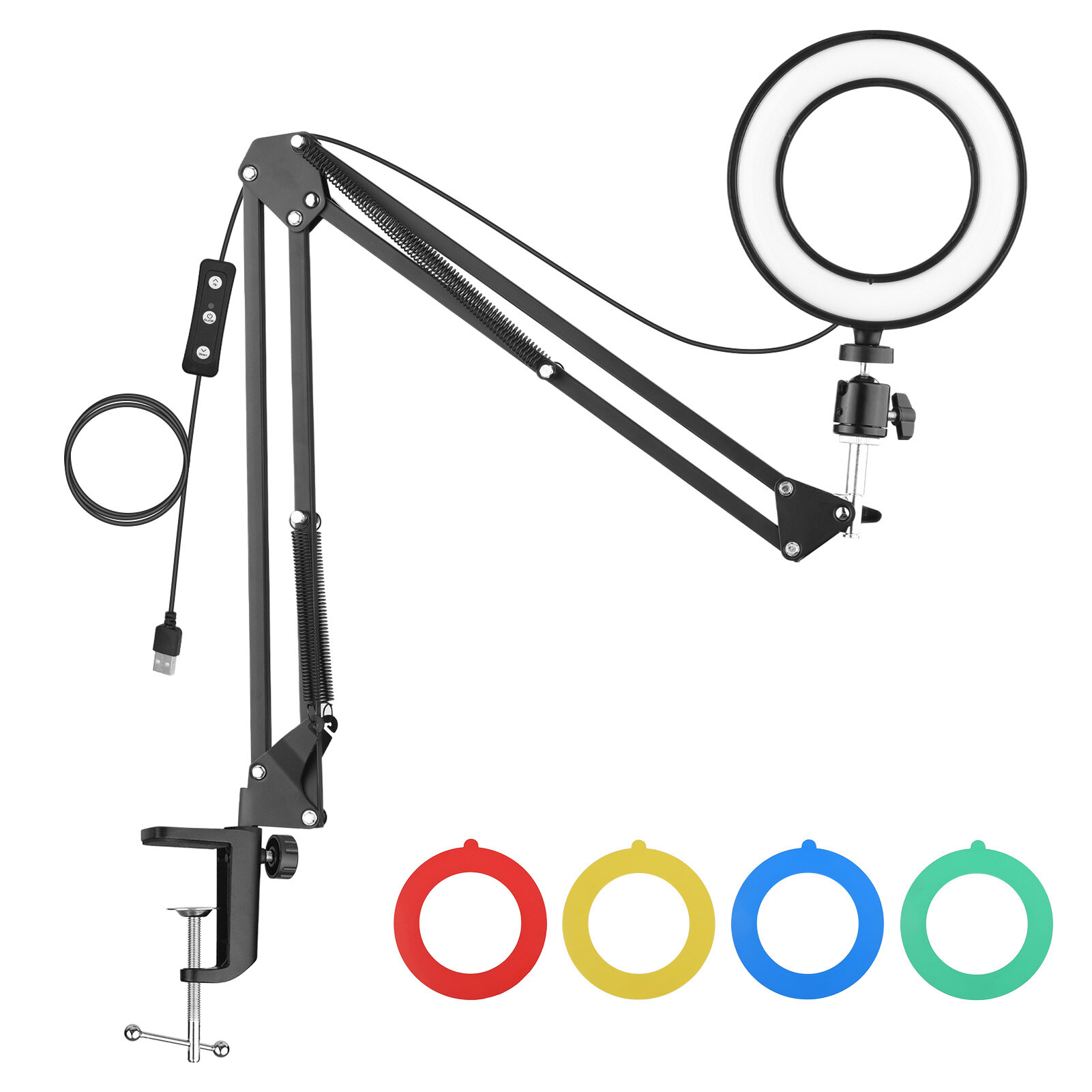 6 Inch LED Ring Light Kit: 1* 5600K USB Ring Light, 1* Desk Mount Metal Light Stand, 1* Flexible Ballhead, 4* Color (Red/Yellow/Blue/Green) для Live Streaming Online, 5V USB, 10W, ABS, External Diameter 15.7cm, Internal Diameter 9.8cm