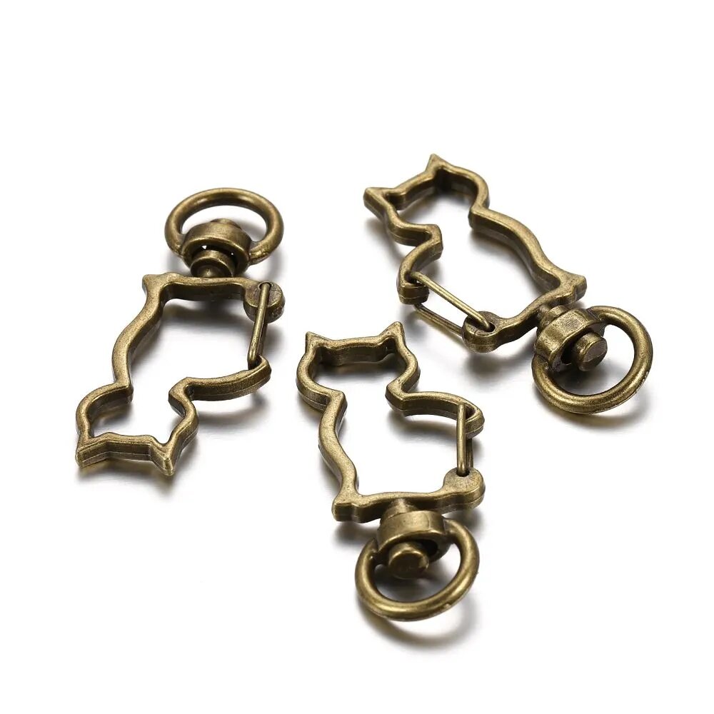 Карабин застежка для ключей, сумок, автомобильных брелков 10 шт. форма кошки 17x41mm, цвет бронза