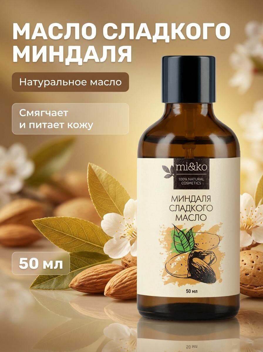 Миндаля сладкого масло рафинированное смягчает и питает кожу лица и тела, хорошо впитывается, 50 мл