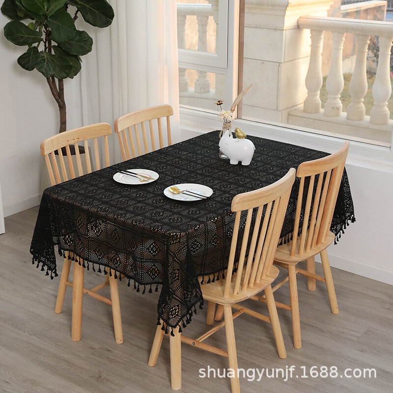 Скатерть в американском стиле из чистого хлопка с кисточками, черно-зеленая, для журнального столика, дорожка на стол,